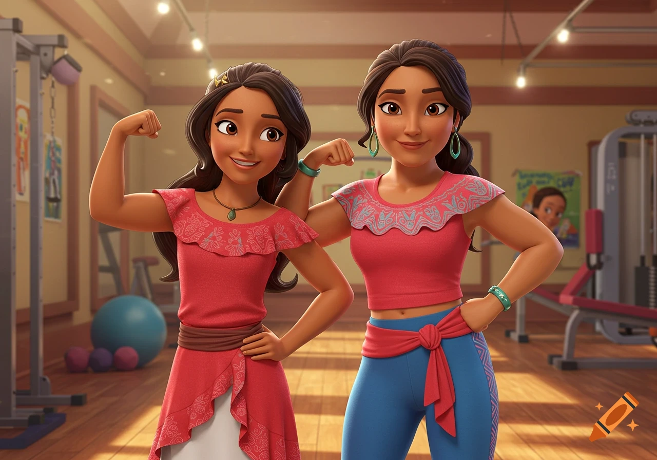 An animated woman and a young girl flex their muscles in a gym ...
