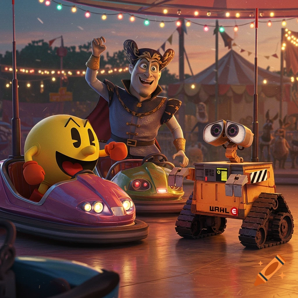 Pac-Man in a purple bumper car and Lord Farquaad in a green one, with ...