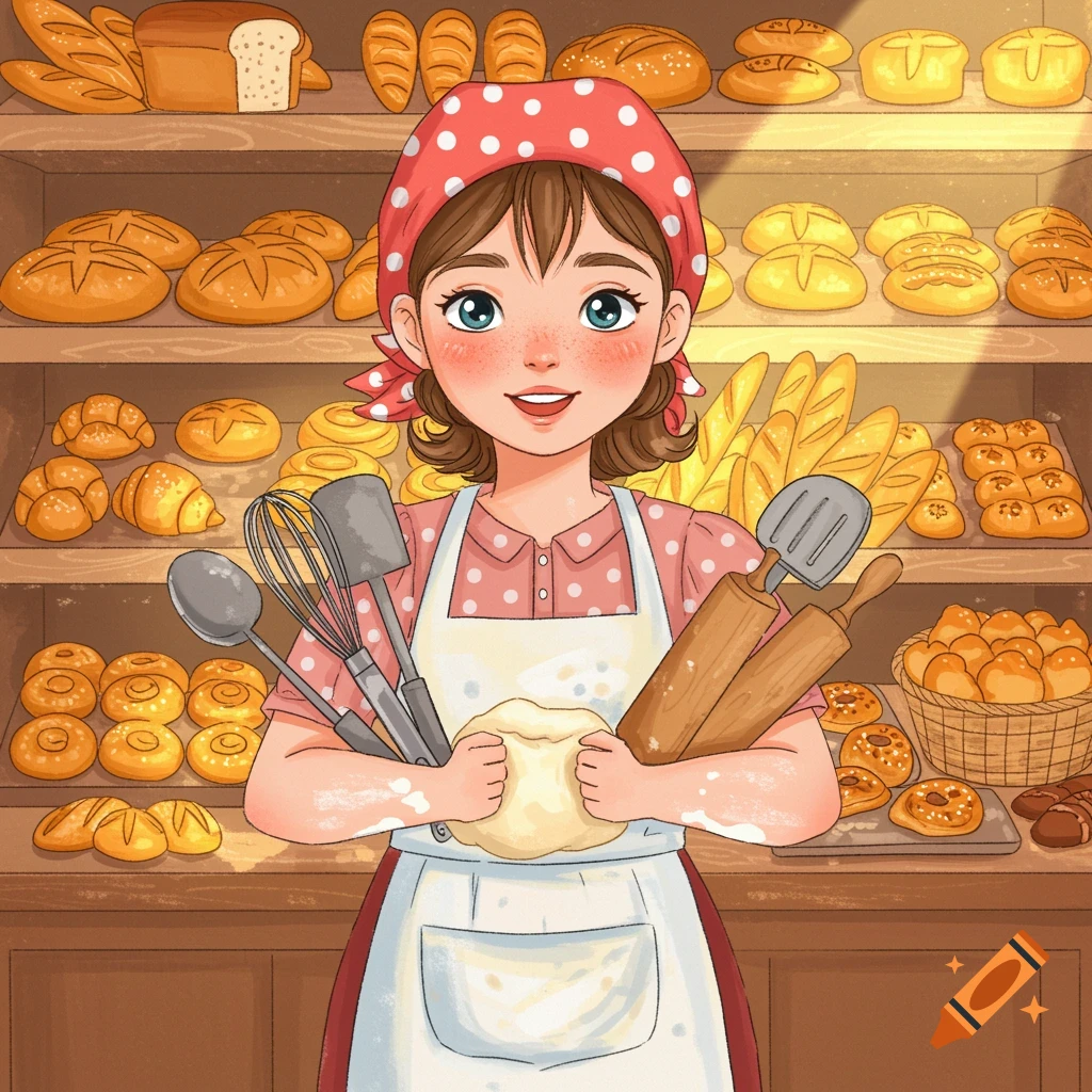 A cute cartoon cat wearing a chef hat and apron kneads dough in a ...