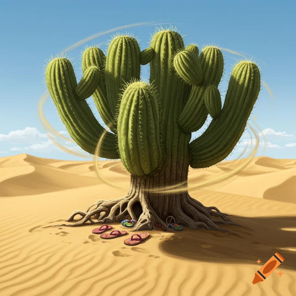 A surreal desert landscape with a saguaro cactus, an elephant head ...