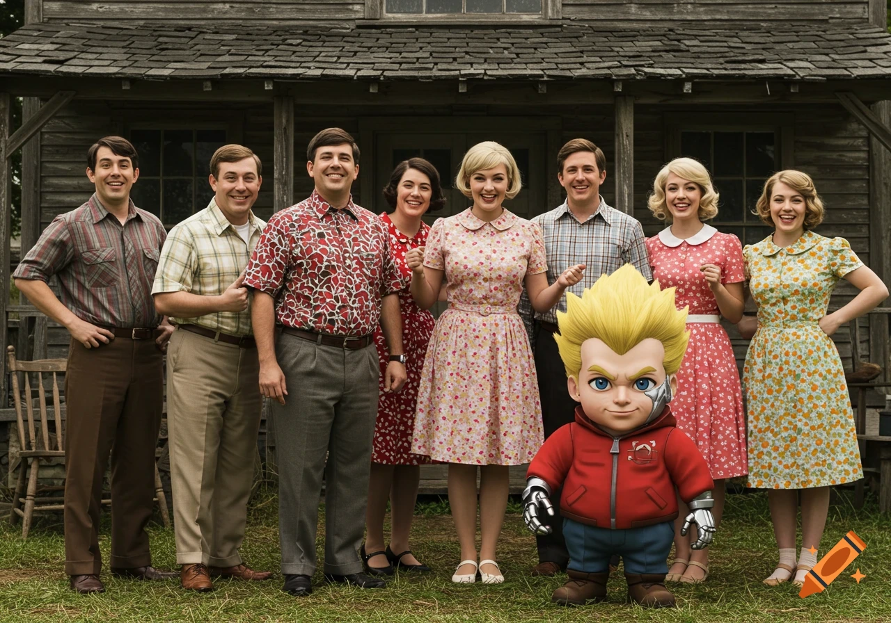 A group of photorealistic 1960s-style people and a cel-shaded anime ...