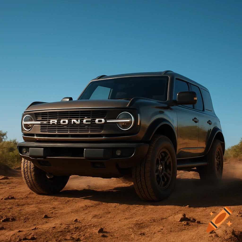 A dark brown SUV resembling a Ford Bronco drives on a dirt path under a ...
