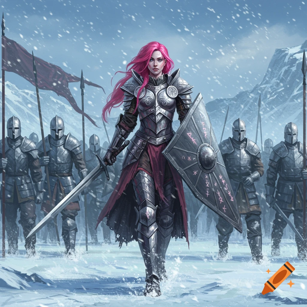 A pink-haired shieldmaiden leads an armored army through a snowy tundra ...