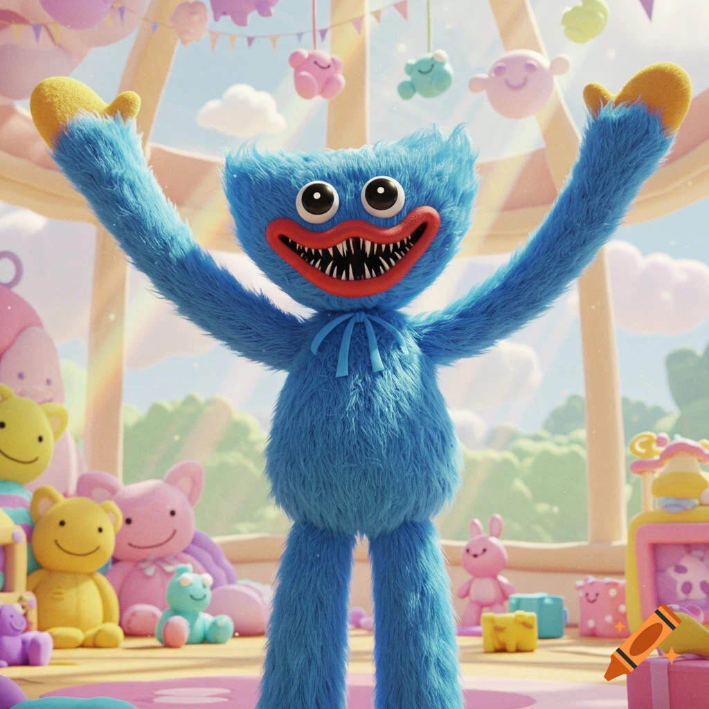 A friendly, fluffy blue monster with a wide, toothy grin and ...