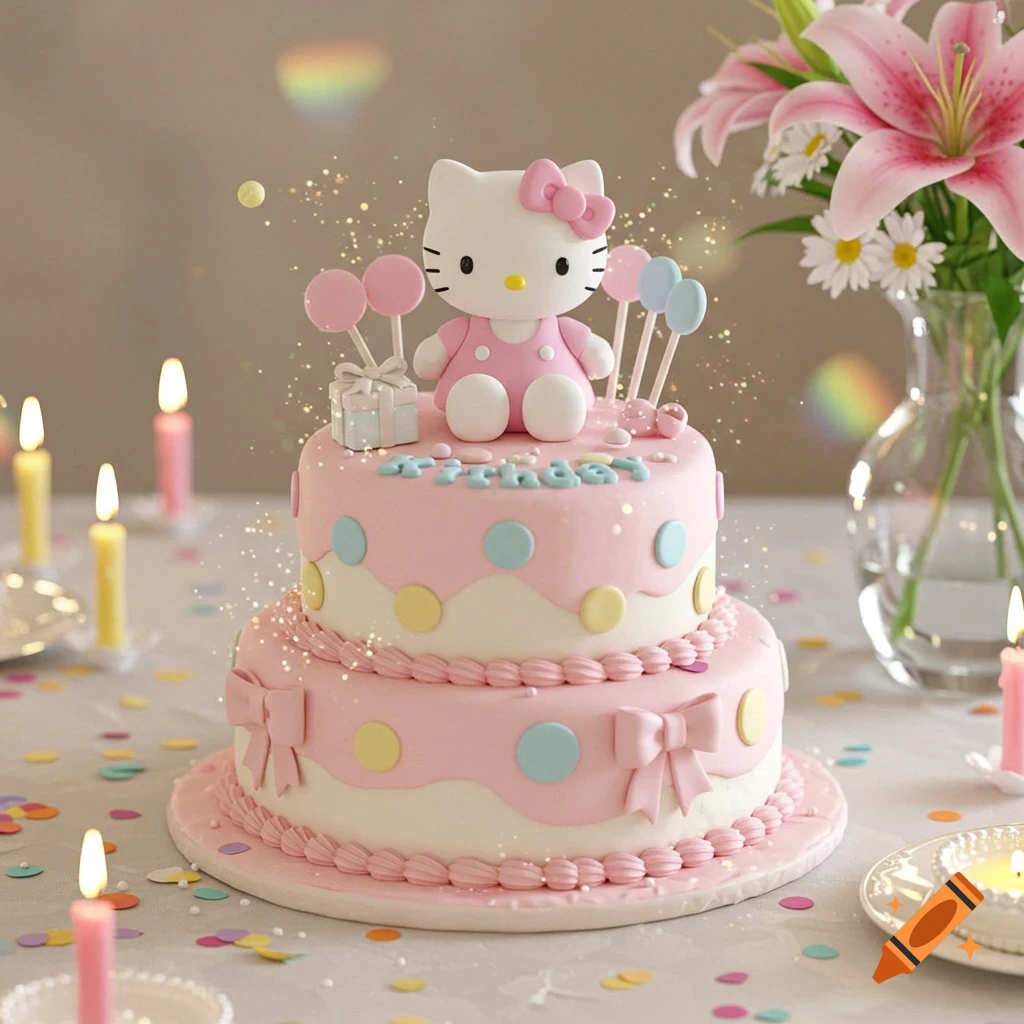 A photorealistic two-tier pink birthday cake topped with a Hello Kitty ...