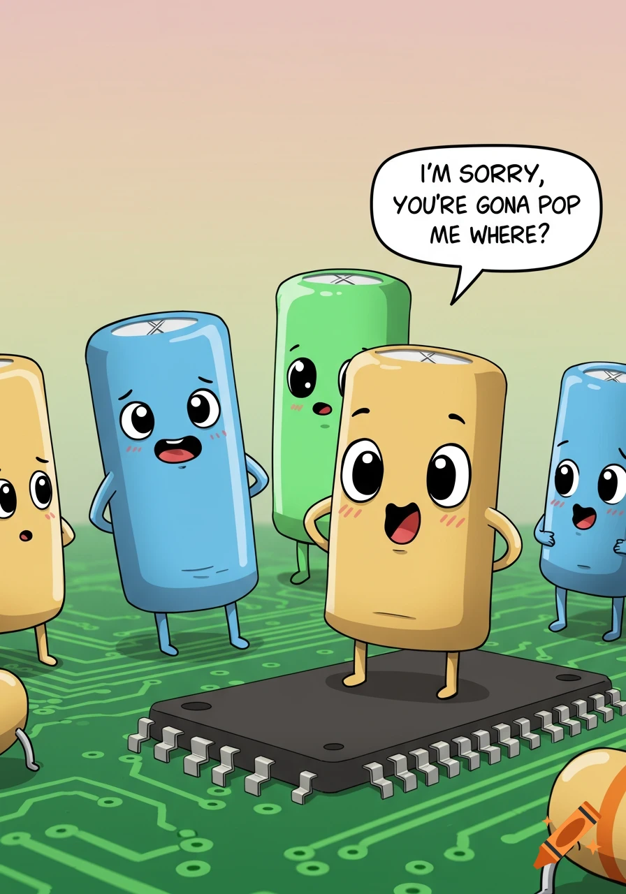 Animated cartoon showing cute capacitor characters on a circuit board, with one asking, 'I'm ...