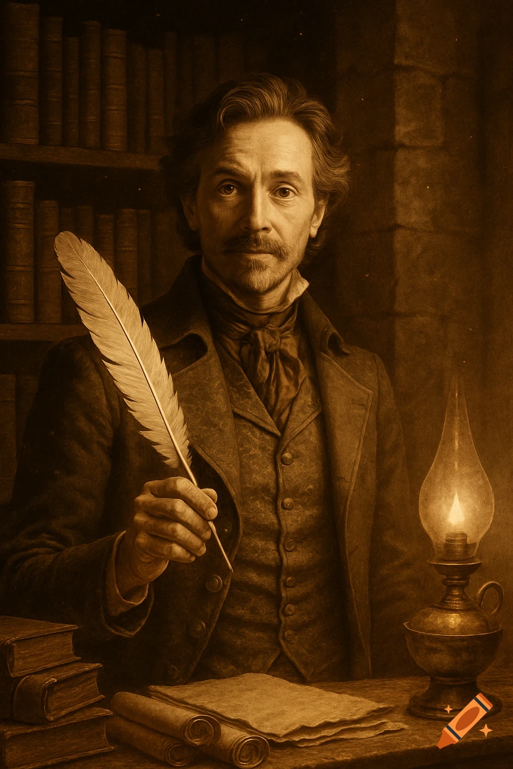 Sepia-toned portrait of a man in historical attire holding a quill ...