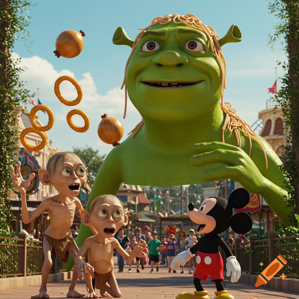 Giant Shrek with spaghetti hair looms over two Gollum-like figures and ...