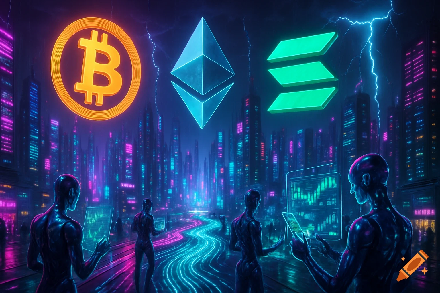 Four men in suits and AR glasses discuss crypto in a neon-lit cyberpunk ...