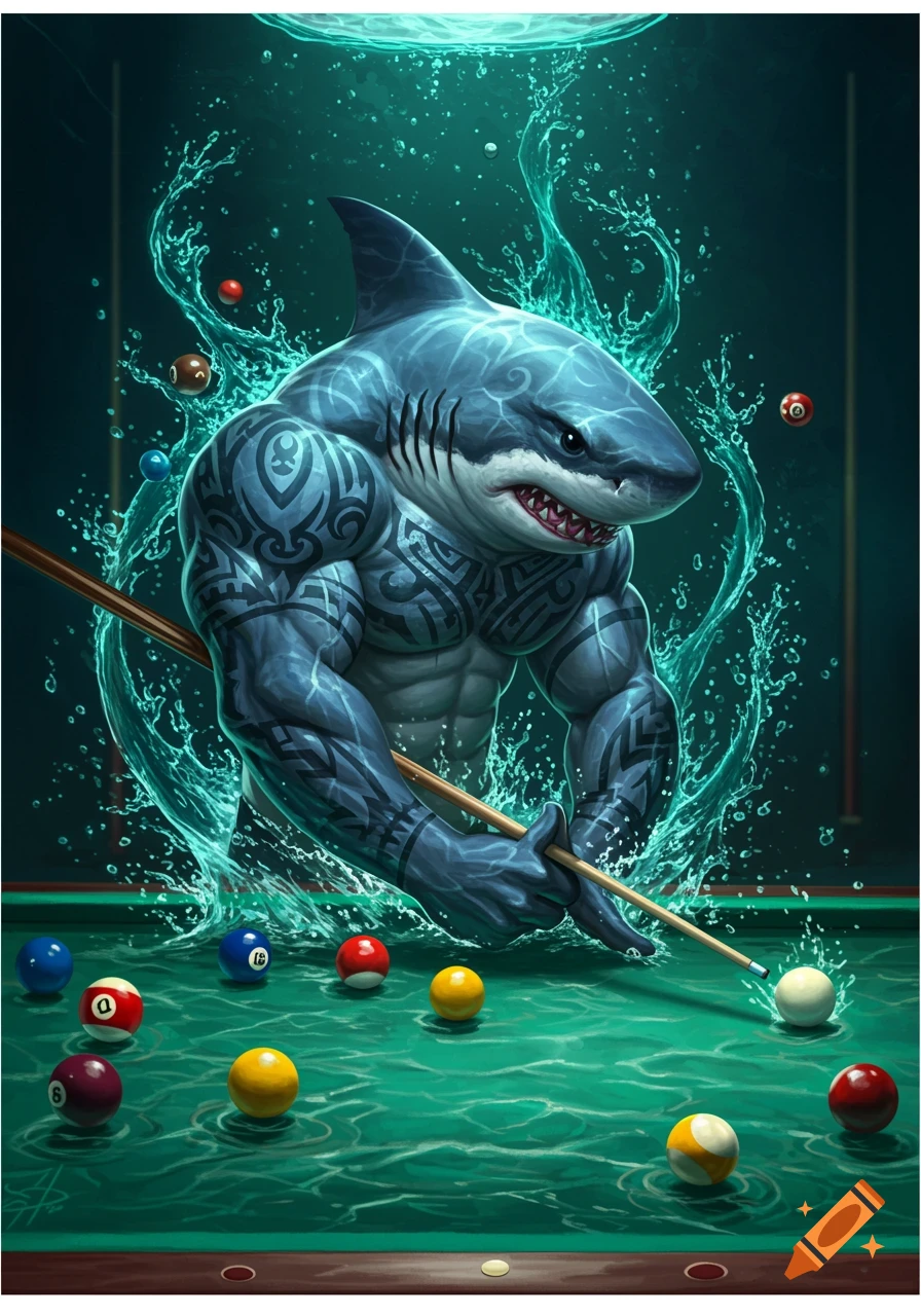 A muscular, tattooed shark playing billiards on a green pool table ...