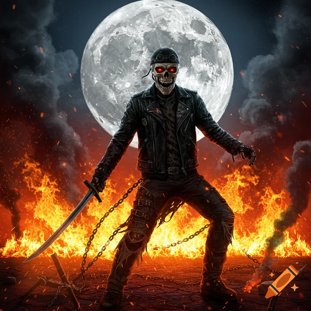A menacing skeleton in biker gear with glowing red eyes holds a sword ...