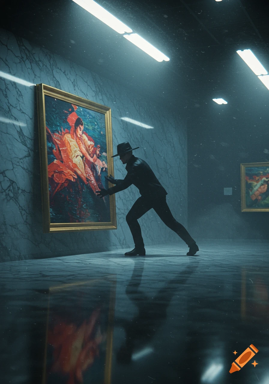 A shadowy figure in a hat attempts to steal a large painting from a ...