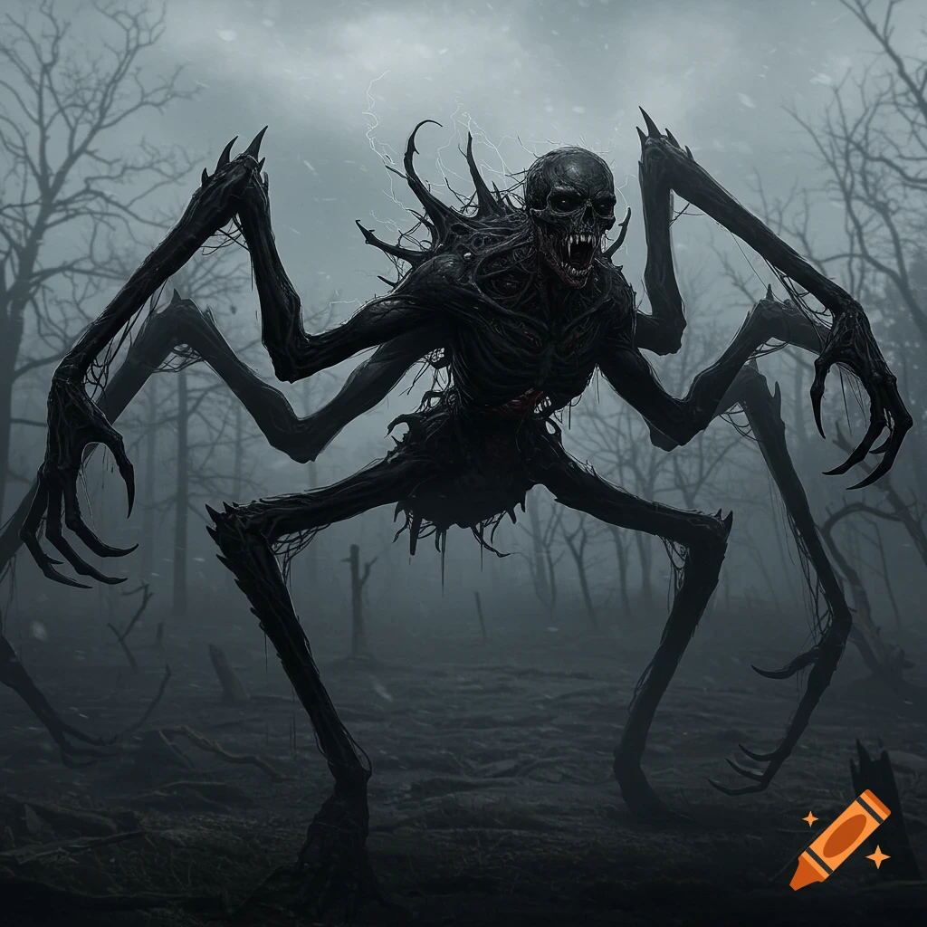 A menacing, dark spider-like creature with a skull face and multiple ...