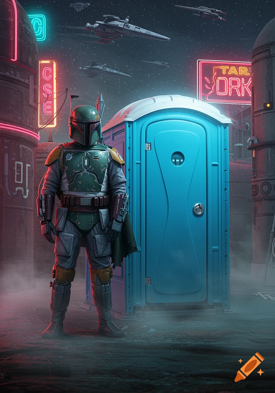Boba Fett stands next to a blue portable toilet cubicle in a futuristic ...