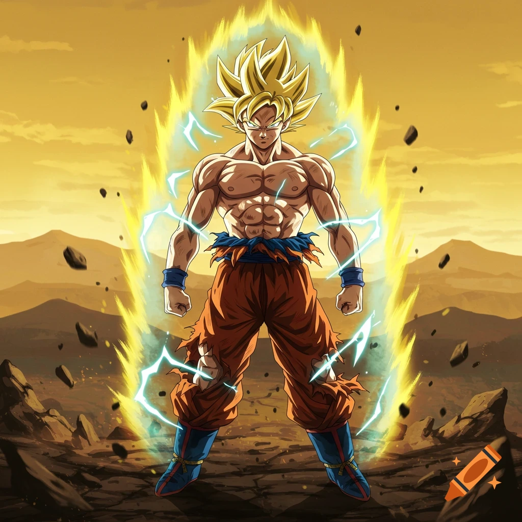 Line art sketch of Goku powering up surrounded by energy. on Craiyon