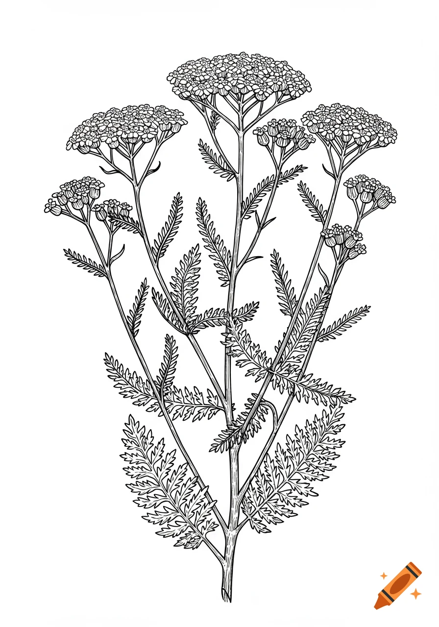 A detailed black and white botanical line drawing of a yarrow plant ...