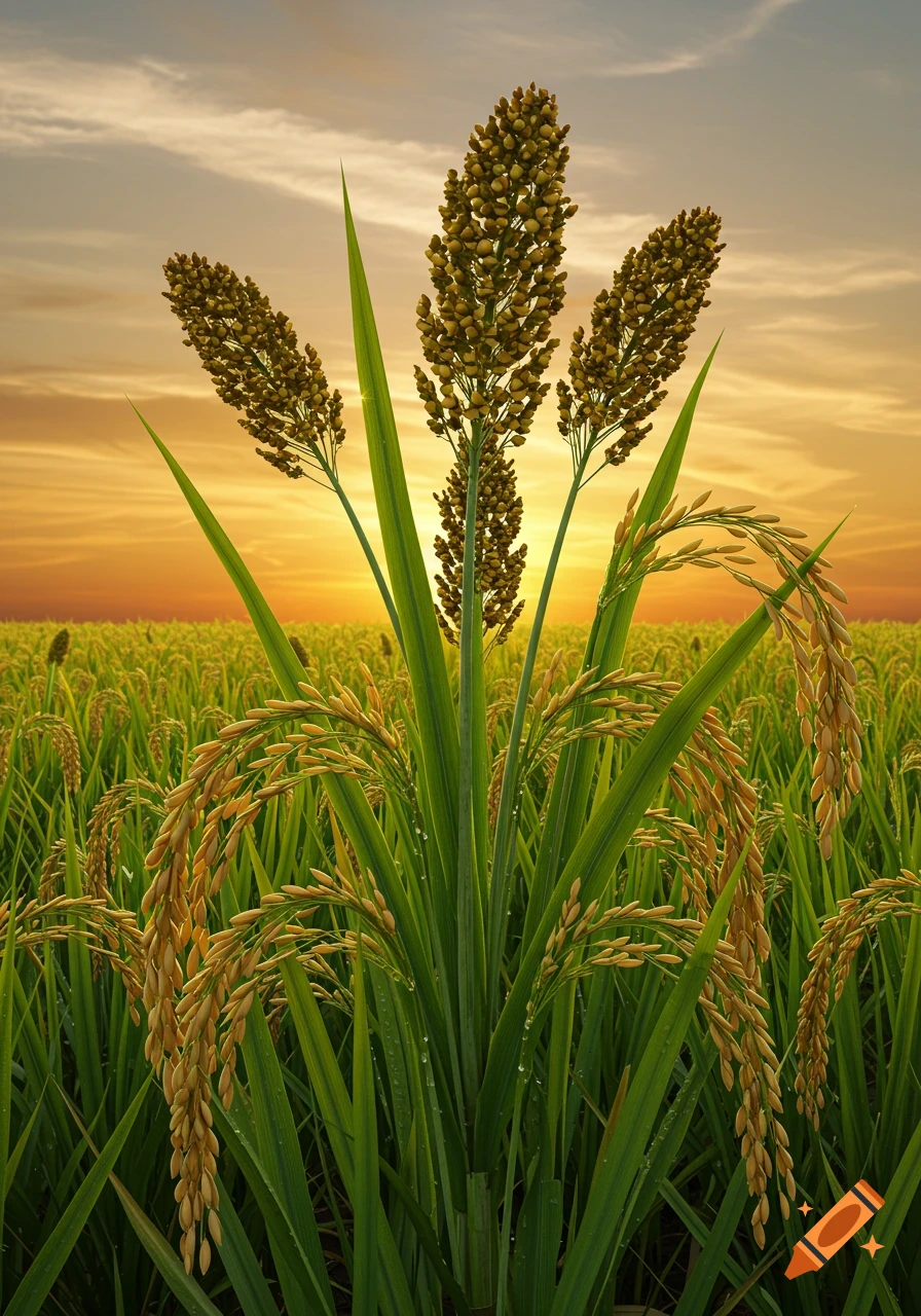 A field of hybrid rice and sorghum plants with golden grains under a ...