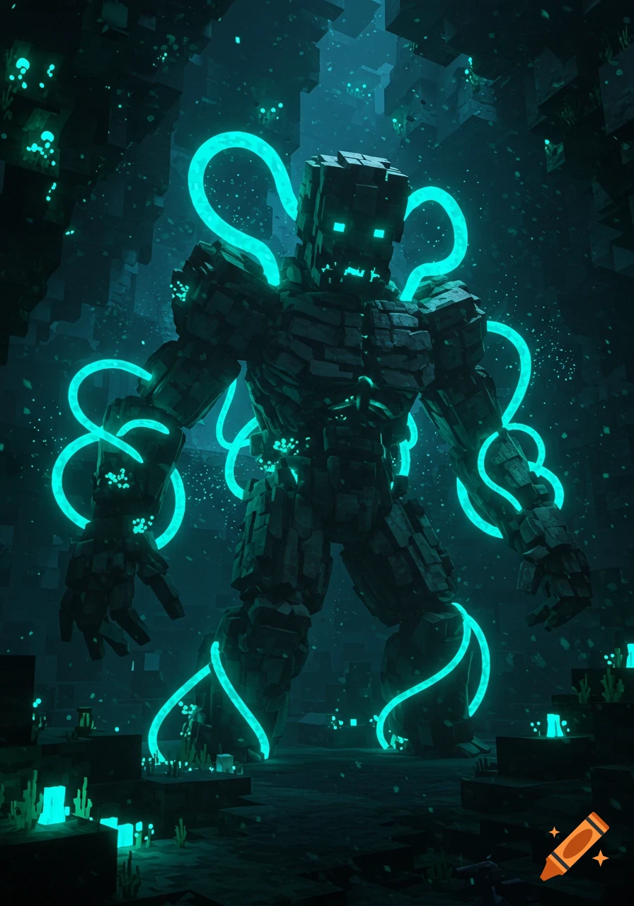 Dark, blocky Minecraft-style cave with glowing blue sculk tendrils and ...