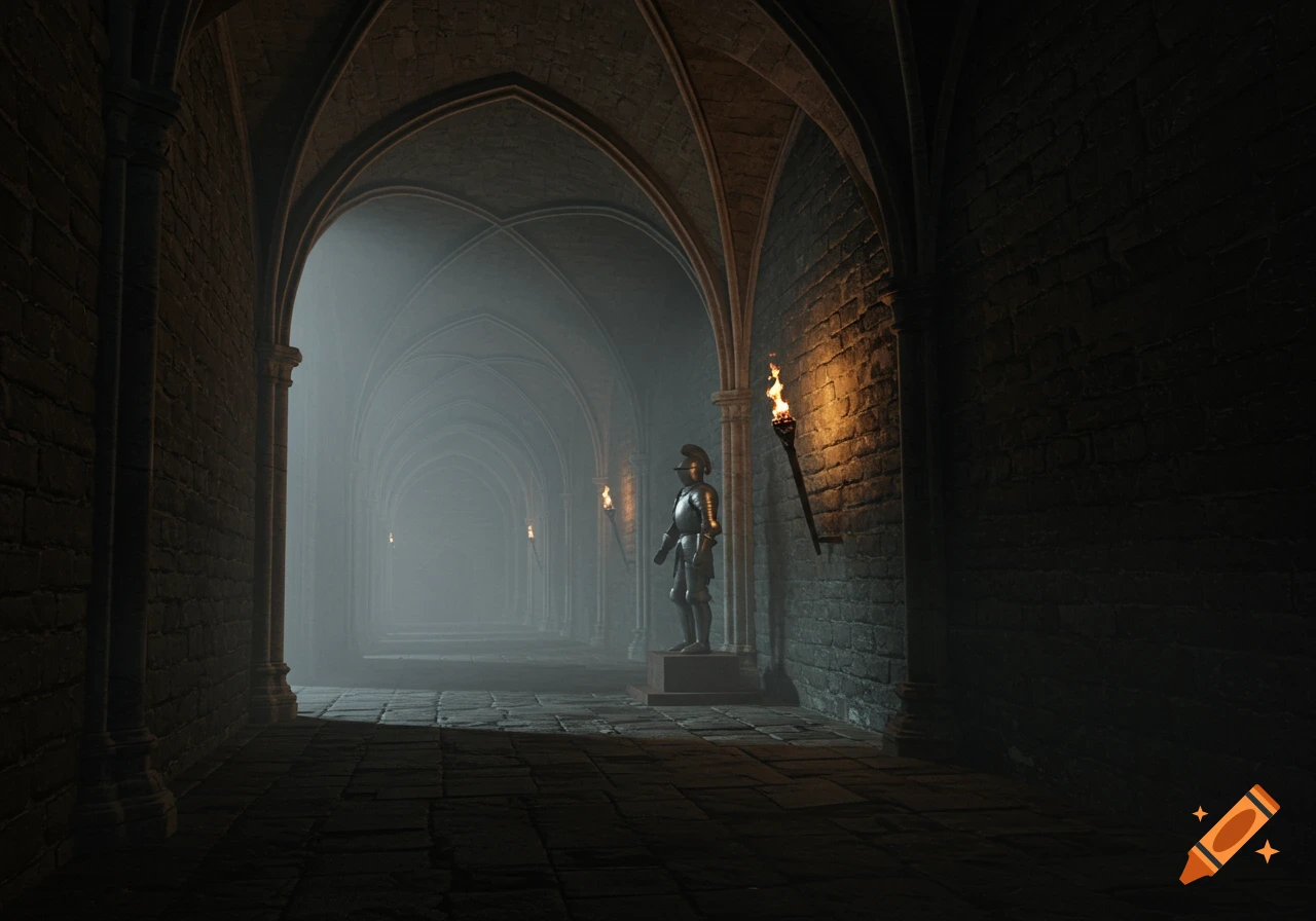 A dimly lit, foggy medieval castle hallway with arches, a suit of armor ...