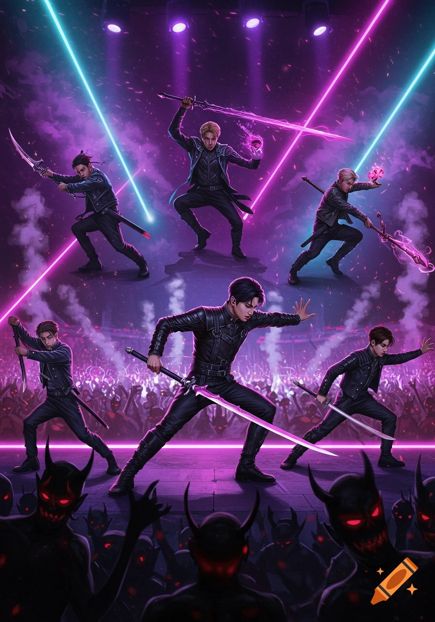 Six K-pop demon hunters battle a horde of red-eyed demons on a concert ...