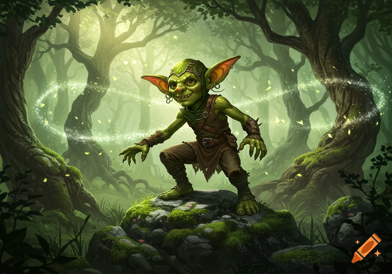 A green goblin crouches on a mossy rock in a magical, sunlit forest ...
