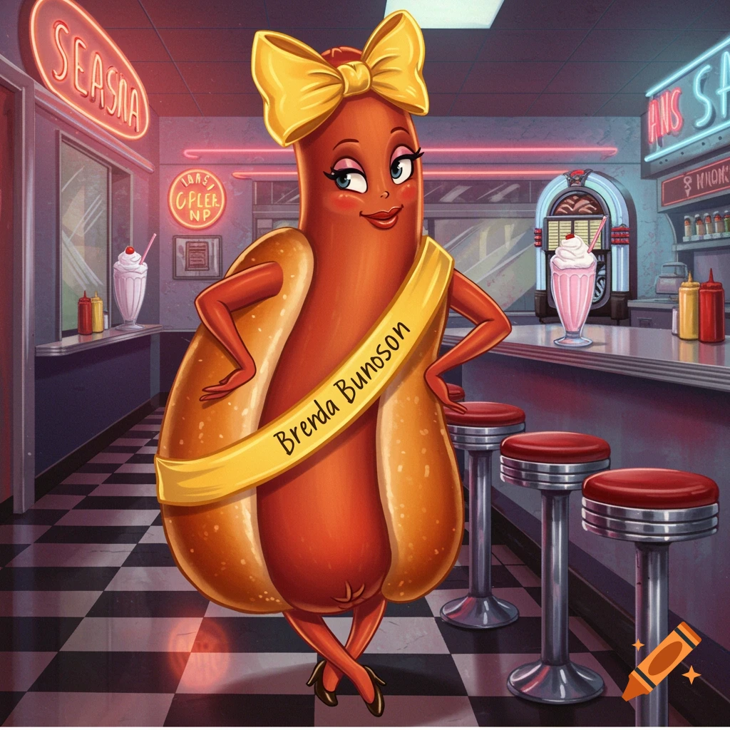 A cartoon female hotdog named Brenda Bunson with a yellow sash and bow stands in a retro diner ...