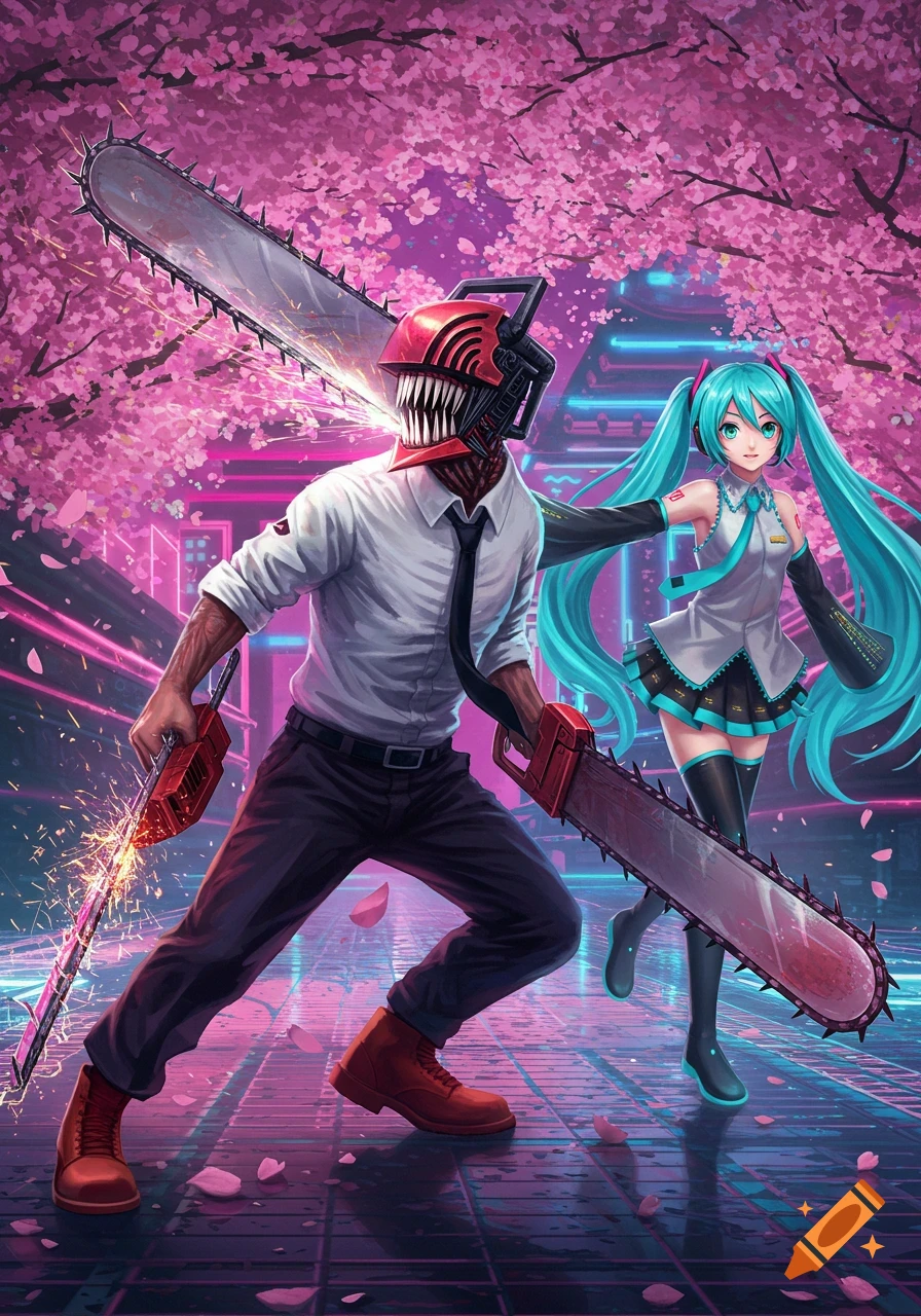 Chainsaw Man and Hatsune Miku pose on a neon-lit street with pink ...