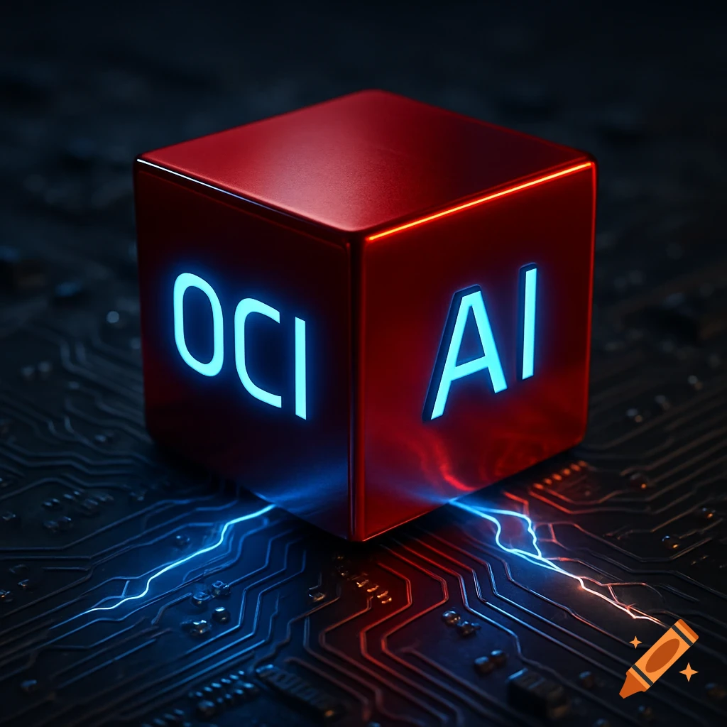 A red metallic cube with glowing blue text 'OCI' and 'AI' rests on a ...