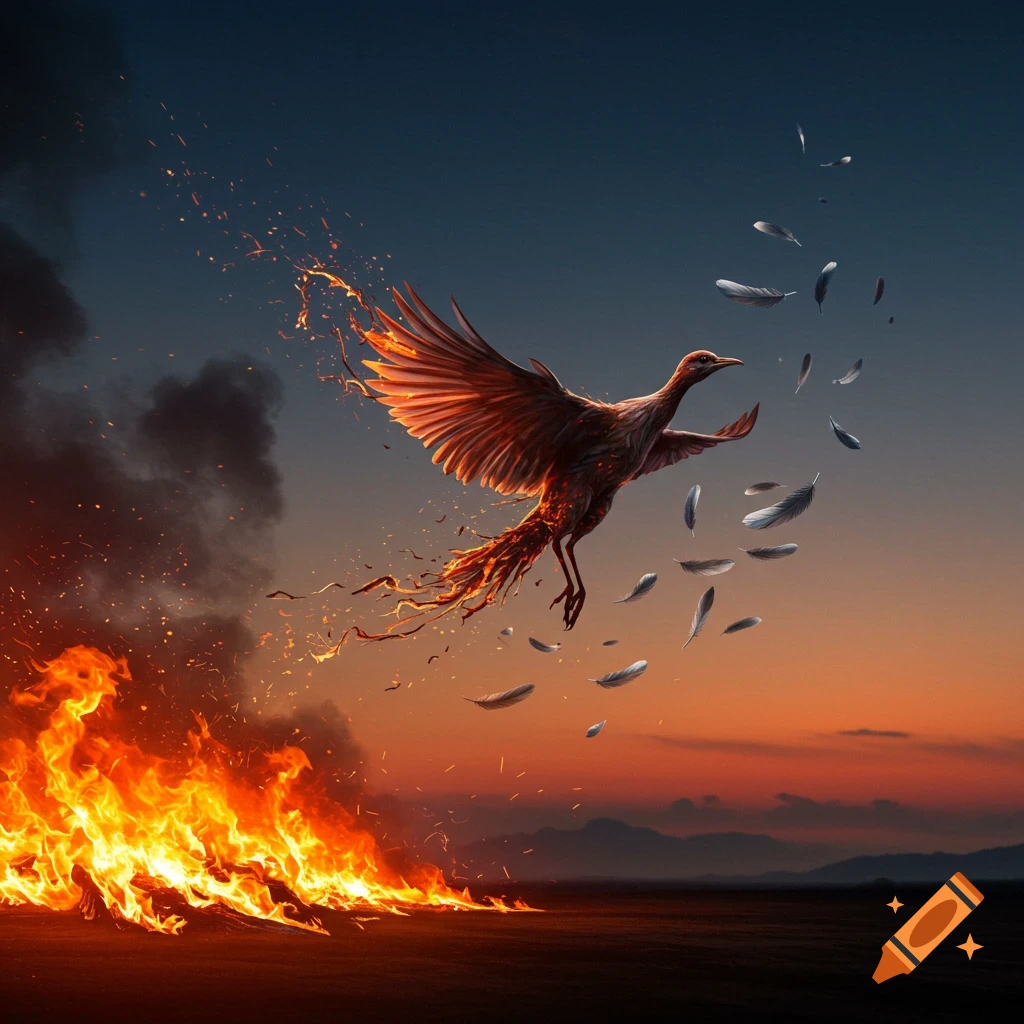 A majestic crane with widespread wings stands in a desolate, fiery ...