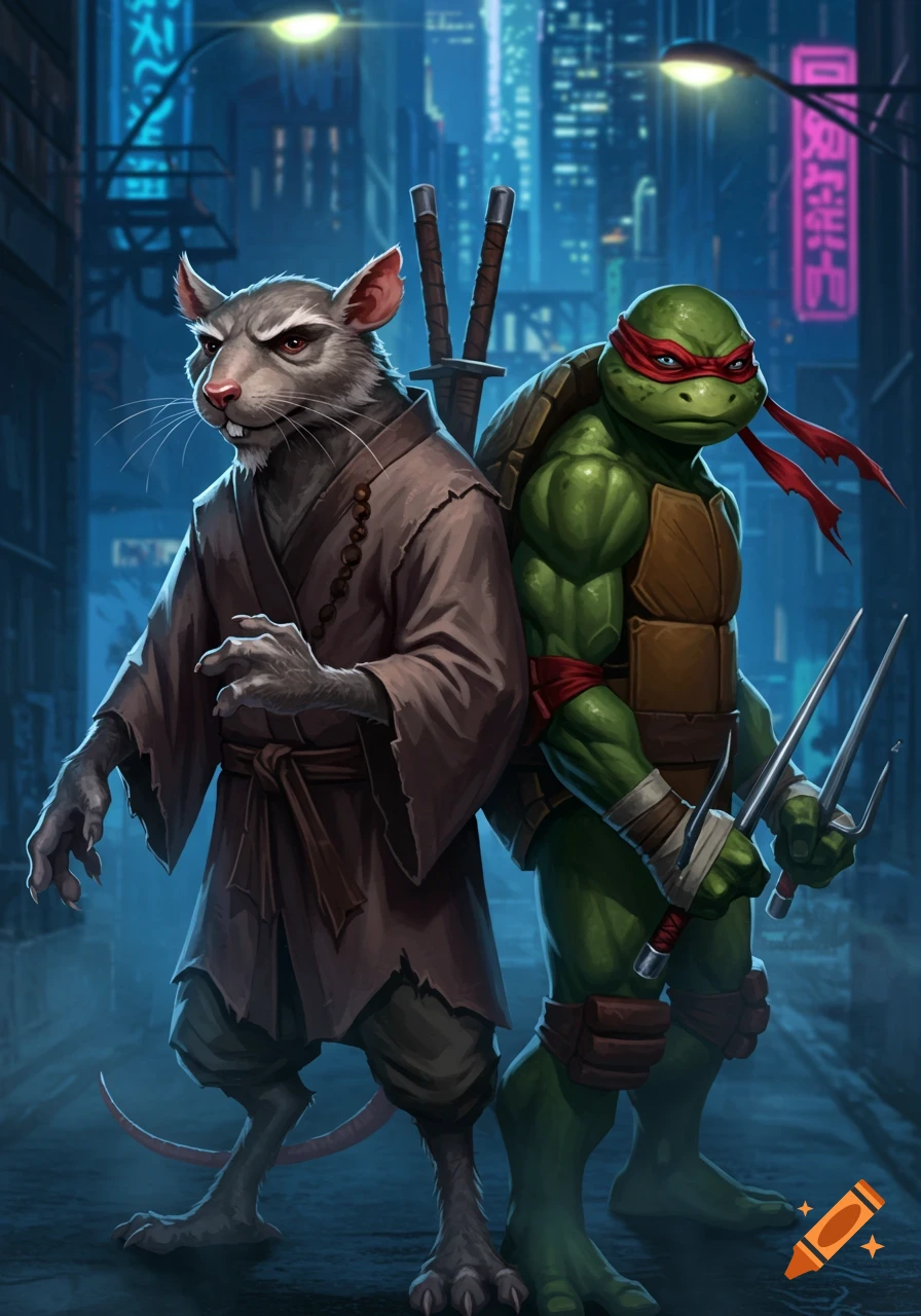 Master Splinter, a grey rat in a brown robe, and Raphael, a green mutant turtle with red eye ...