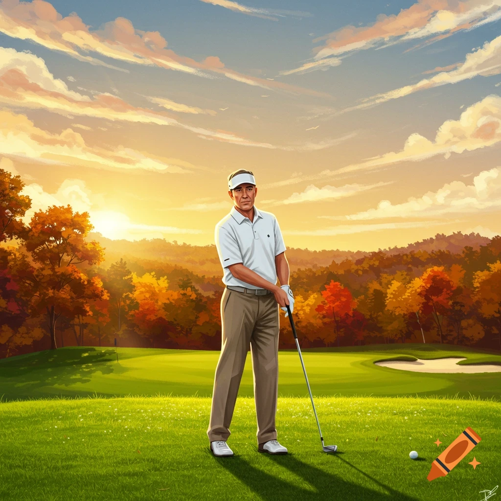 Stylized illustration of two men playing golf on an autumn course with ...