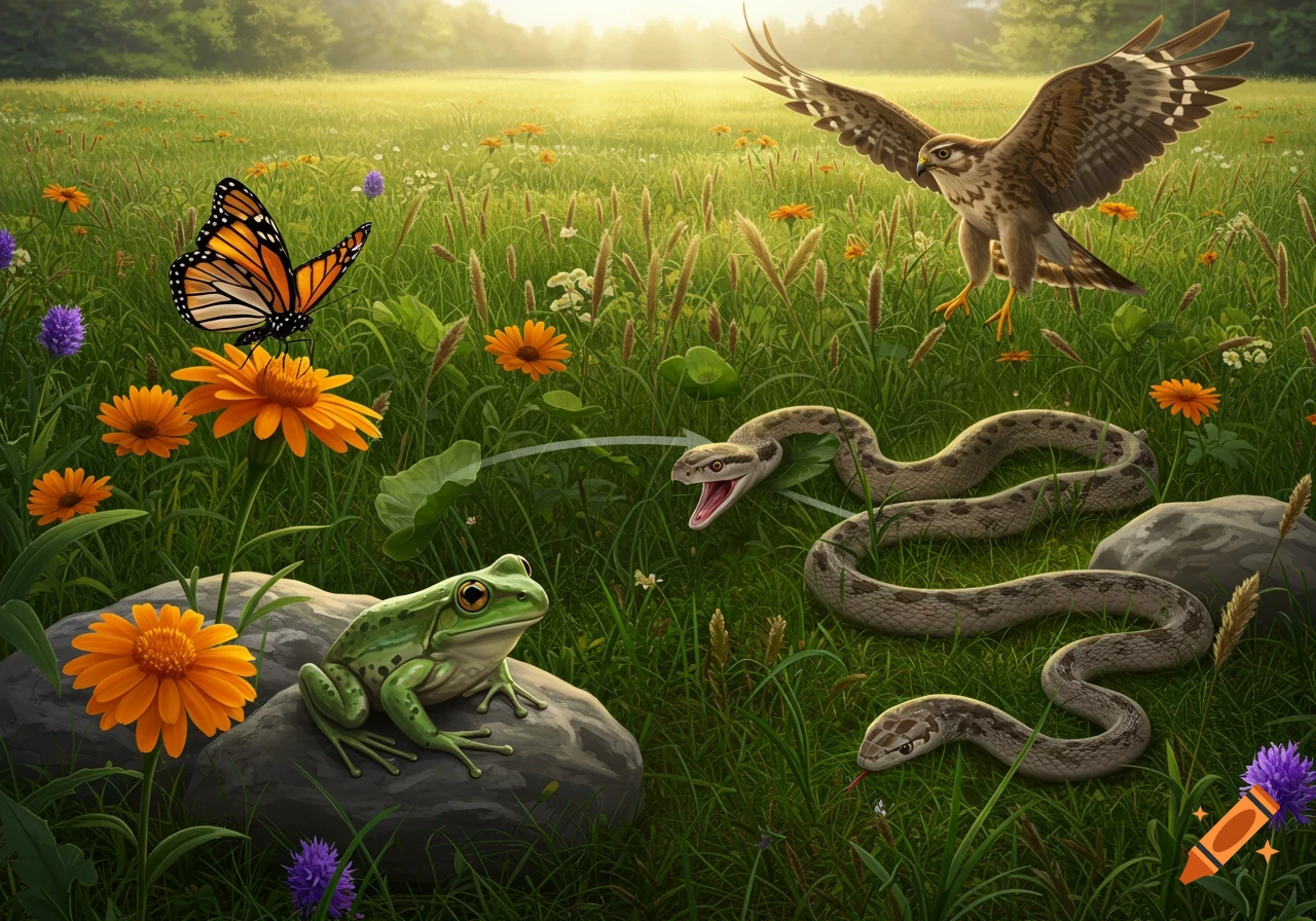A vibrant meadow with a frog on a rock, a snake poised nearby, a hawk ...