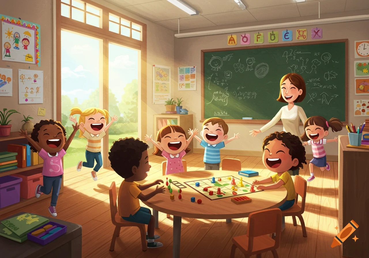 A cartoon illustration of a diverse group of happy children laughing ...