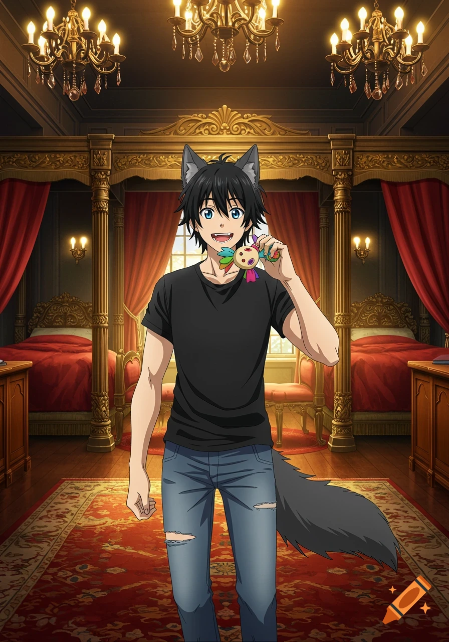 A young anime male chef with dark hair smiles while holding a large ...