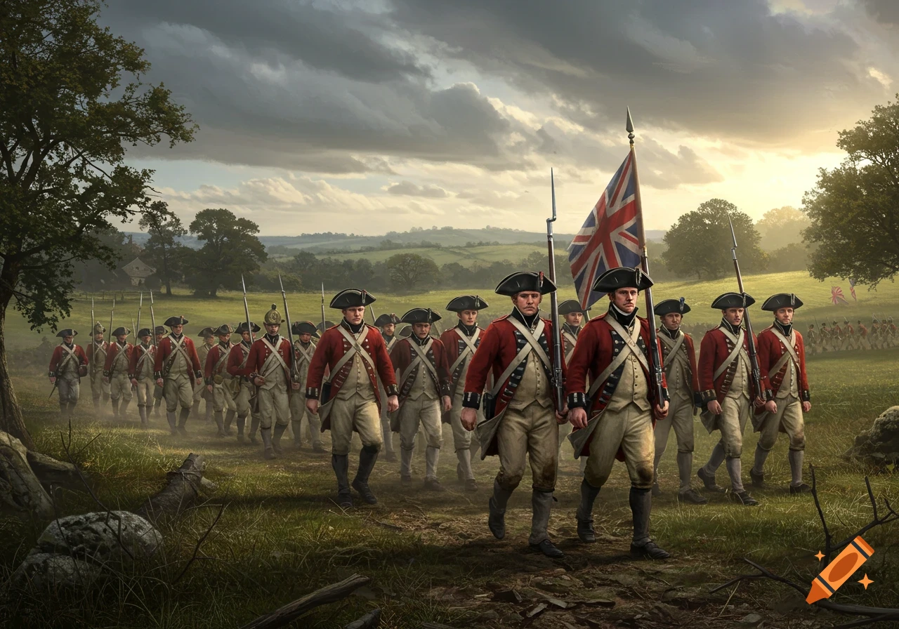 British Revolutionary War soldiers in red coats march across a field ...