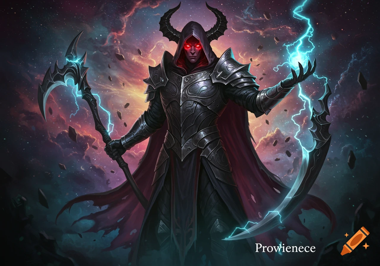 A horned, robed, and armored figure with red eyes wields glowing ...