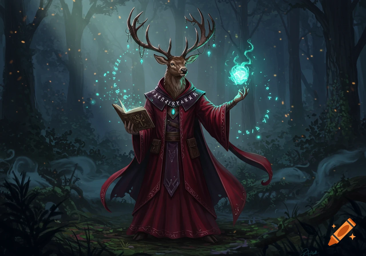 A deer-headed wizard in dark red robes holds an open book and conjures ...