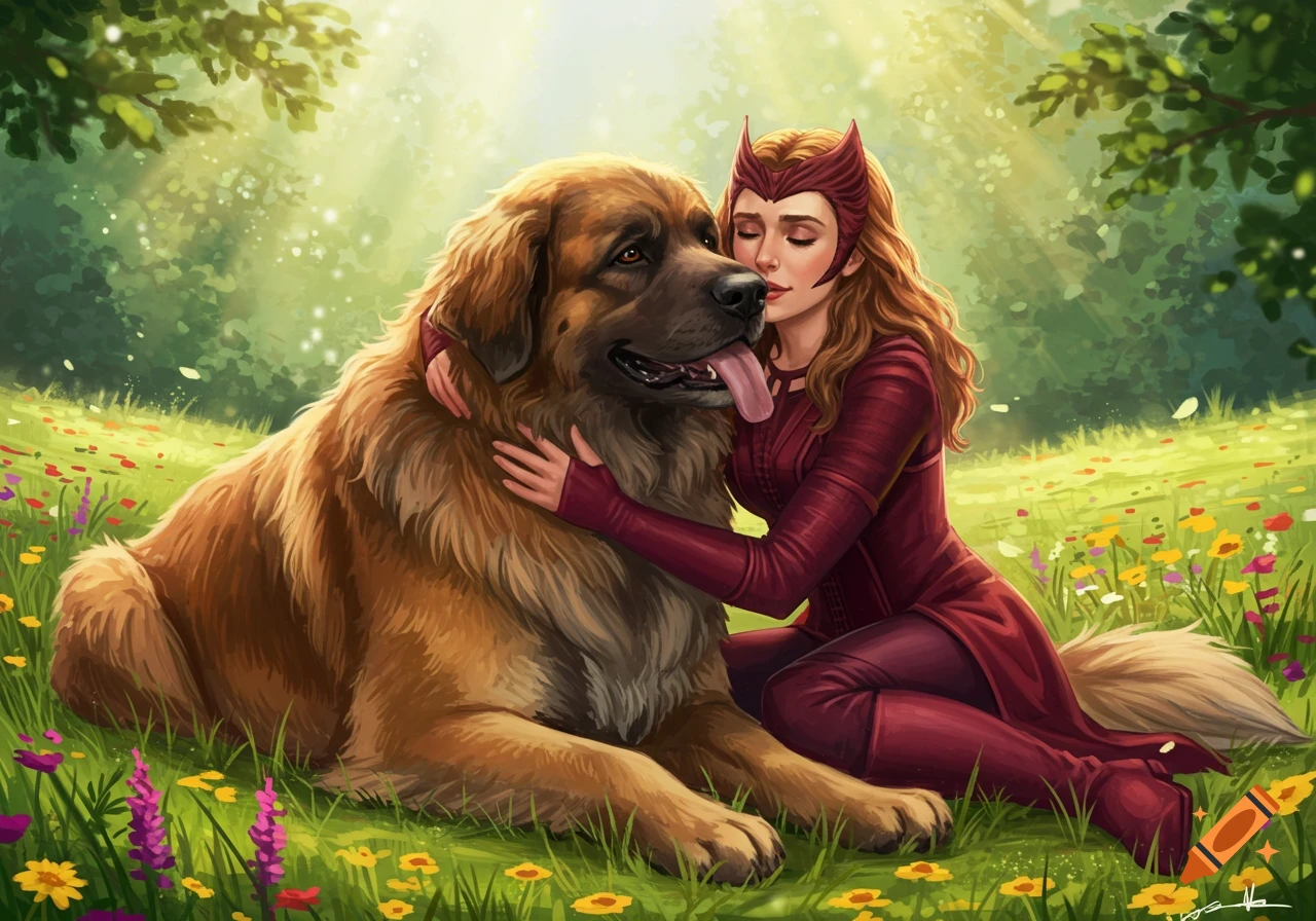Scarlet Witch in her red suit hugs a large brown Leonberger dog in a ...