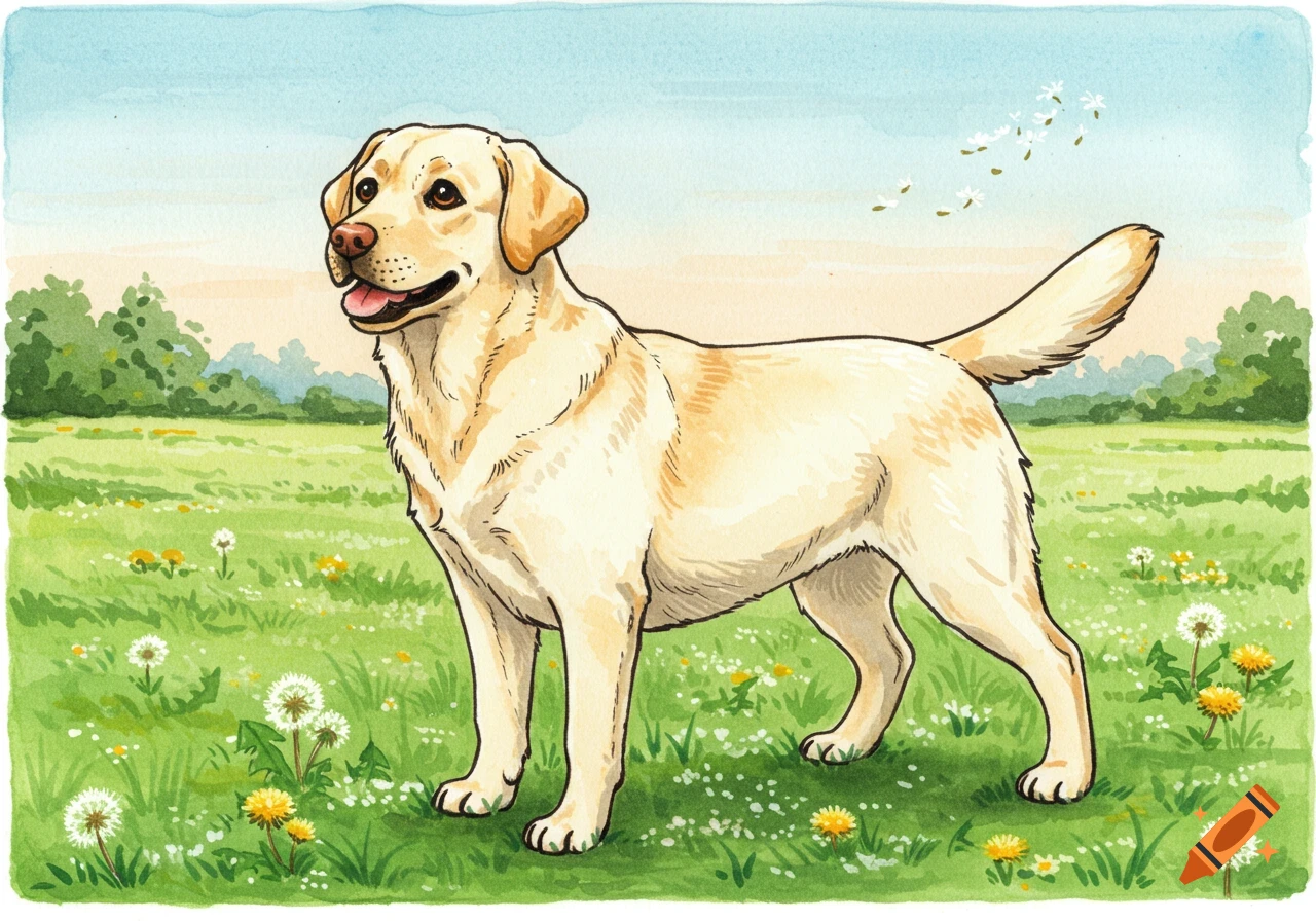 Watercolor illustration of a happy yellow labrador dog standing in a ...