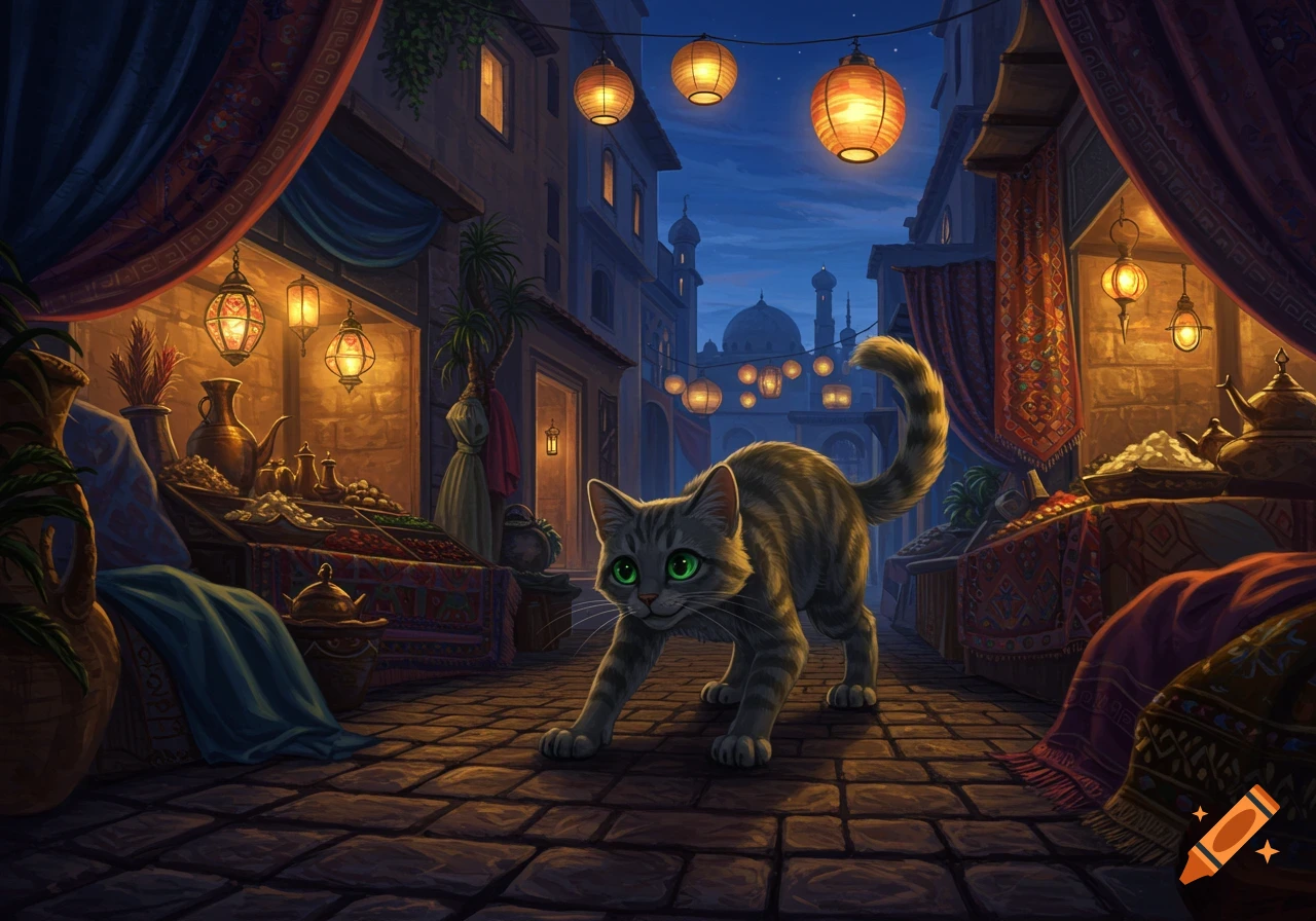 A grey tabby cat with glowing green eyes crawls on cobblestones in a ...