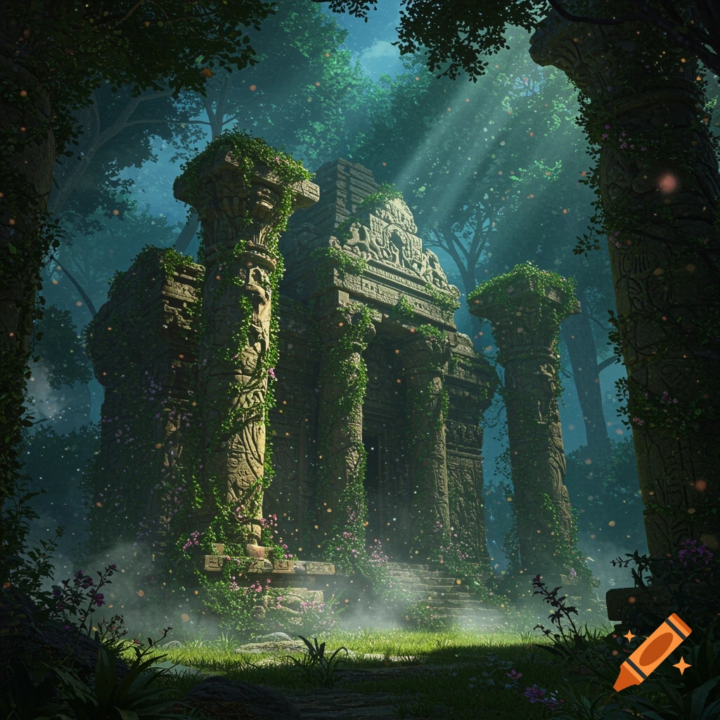 Photorealistic view of a lush botanical garden inside ancient church ...