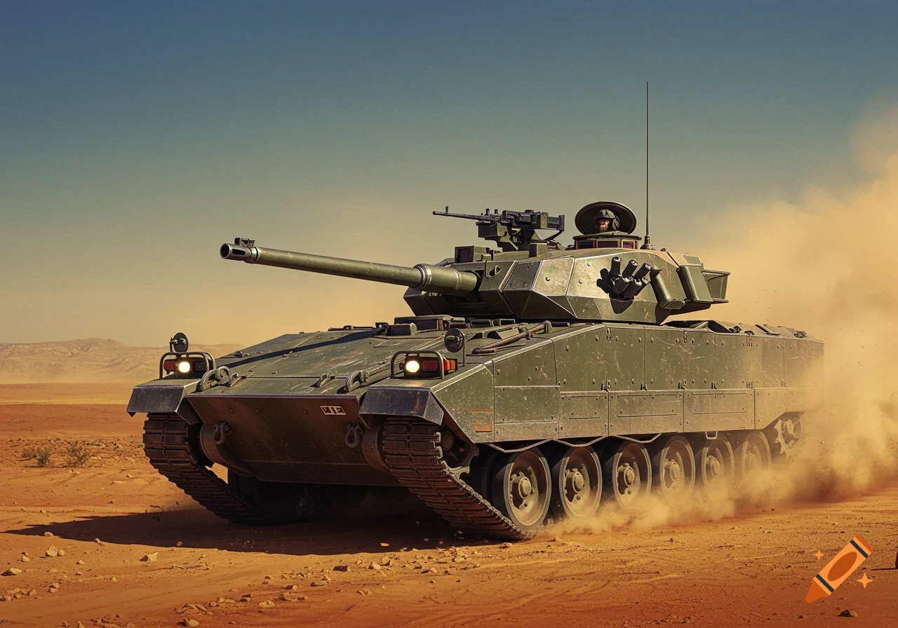 A modern military tank with a digital camouflage pattern drives through ...