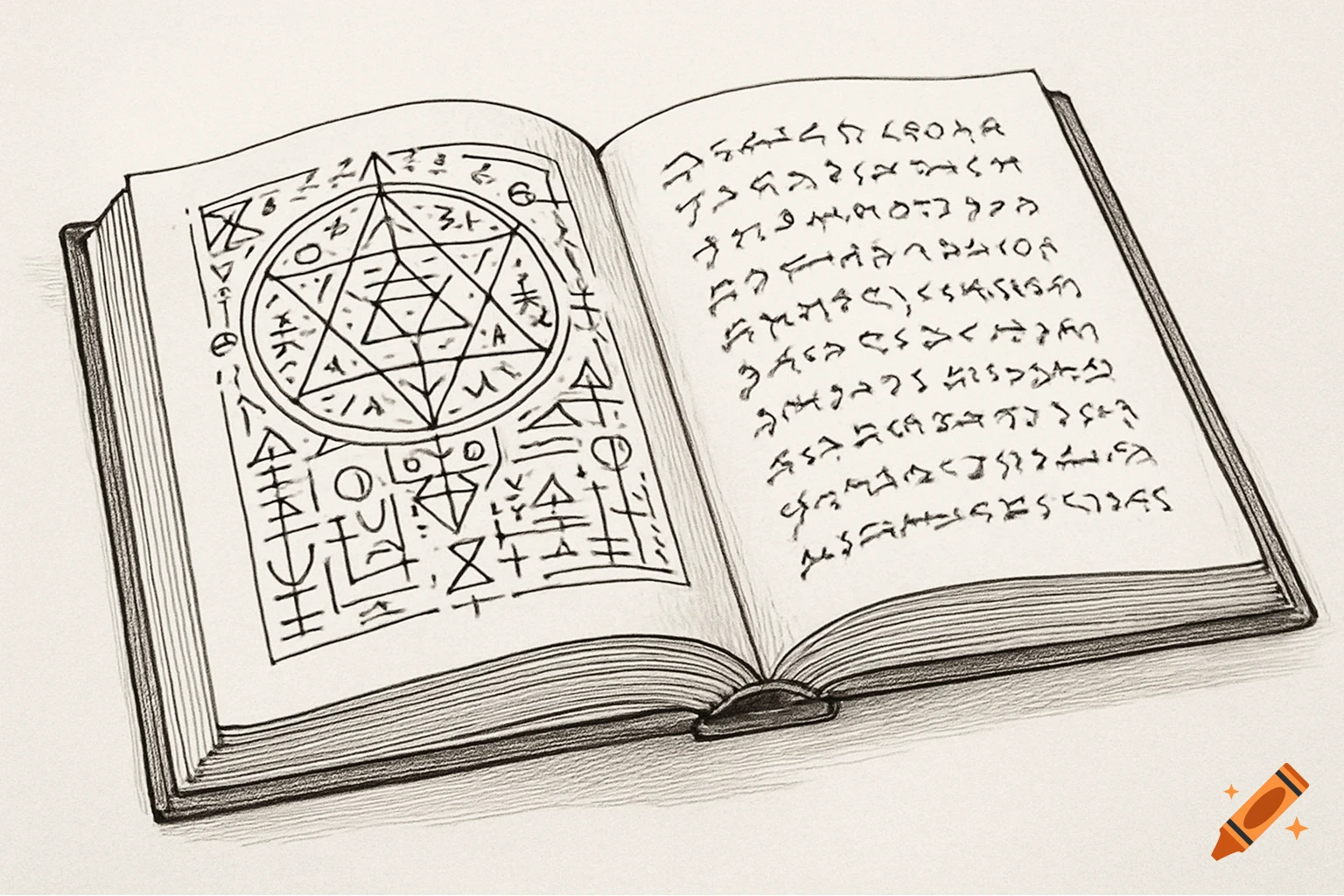 An open line drawing of a book with cryptic symbols and text on its ...