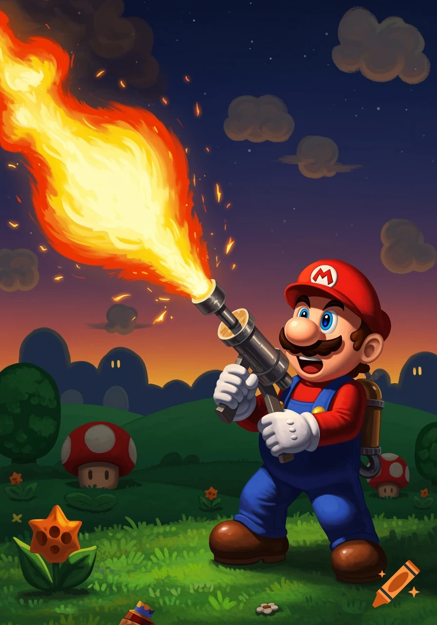Mario in a red hat and blue overalls uses a large flamethrower ...