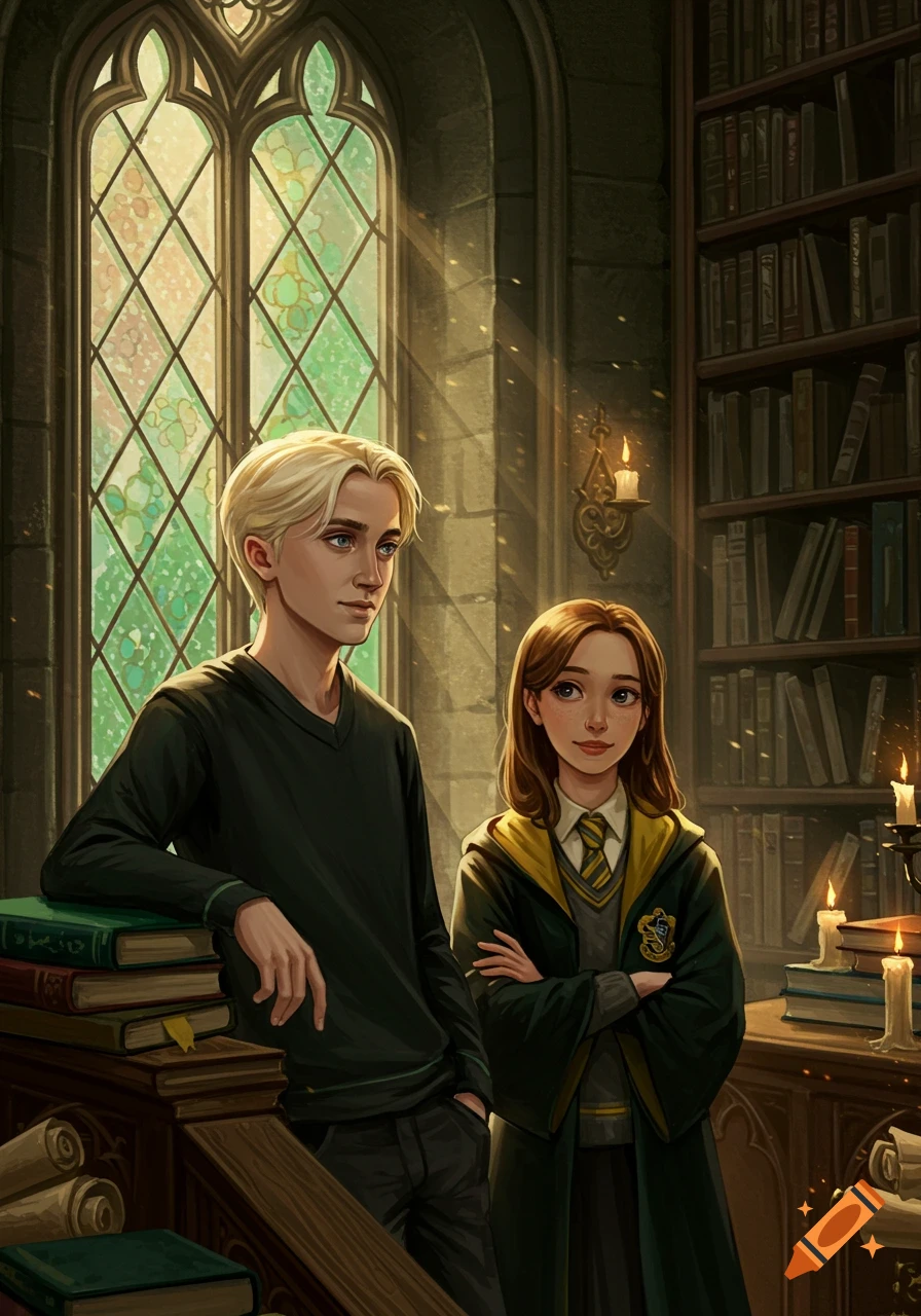 Illustration of Draco Malfoy and a Hufflepuff girl in a Hogwarts library with a stained glass ...