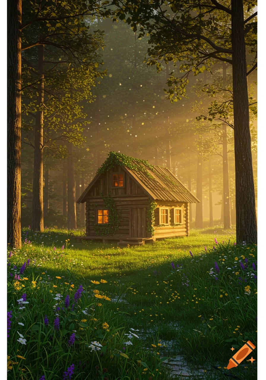 A rustic log cabin sits in a sun-drenched forest clearing, surrounded by green grass and ...