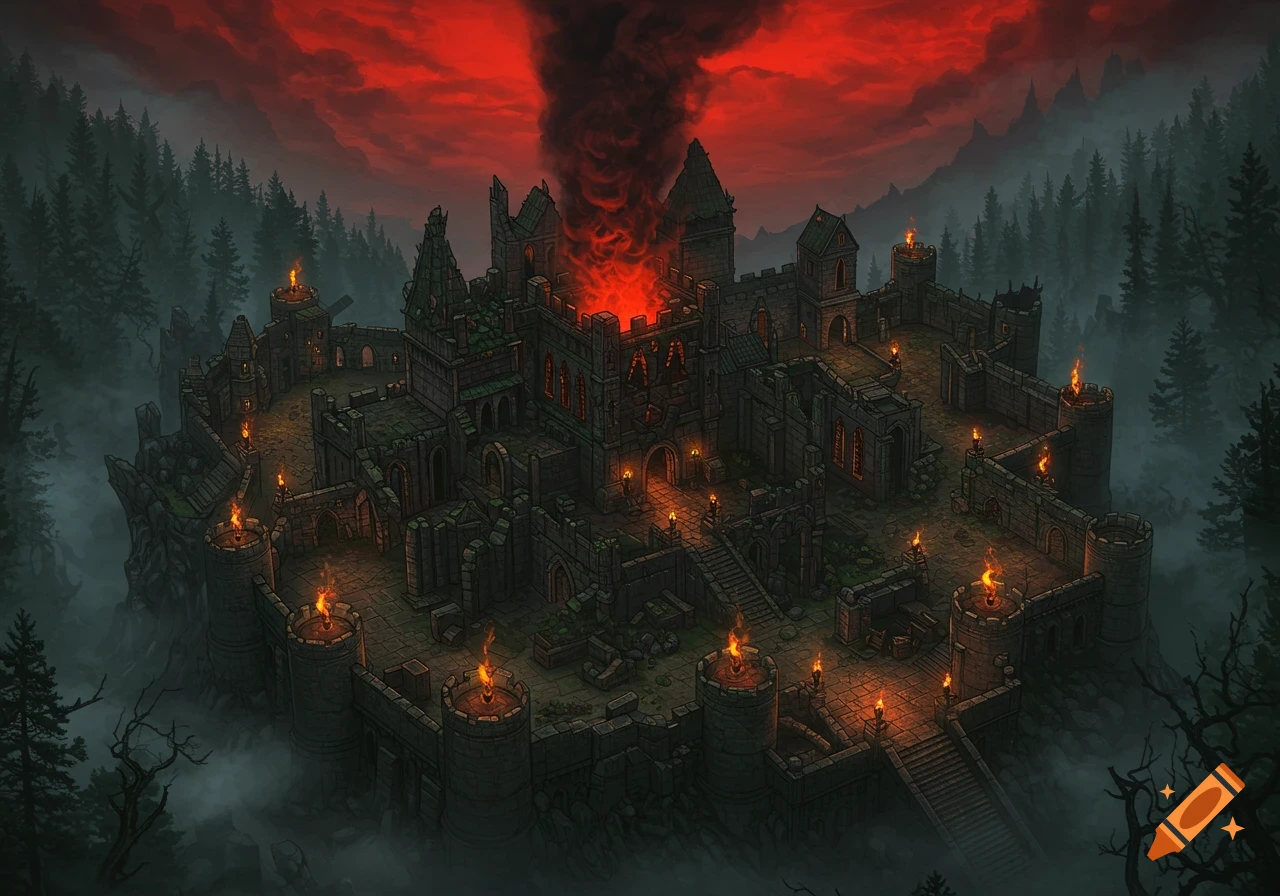Isometric dark fantasy ruined castle with torches, glowing red core ...