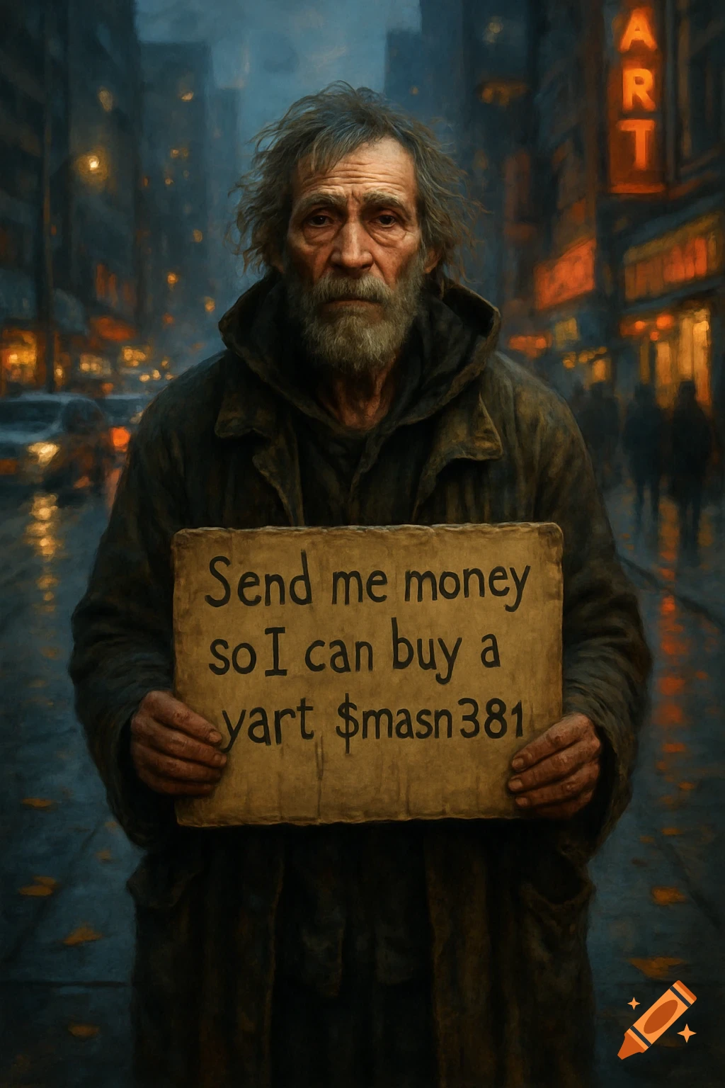 A photorealistic portrait of a bearded homeless man in a beanie and ...