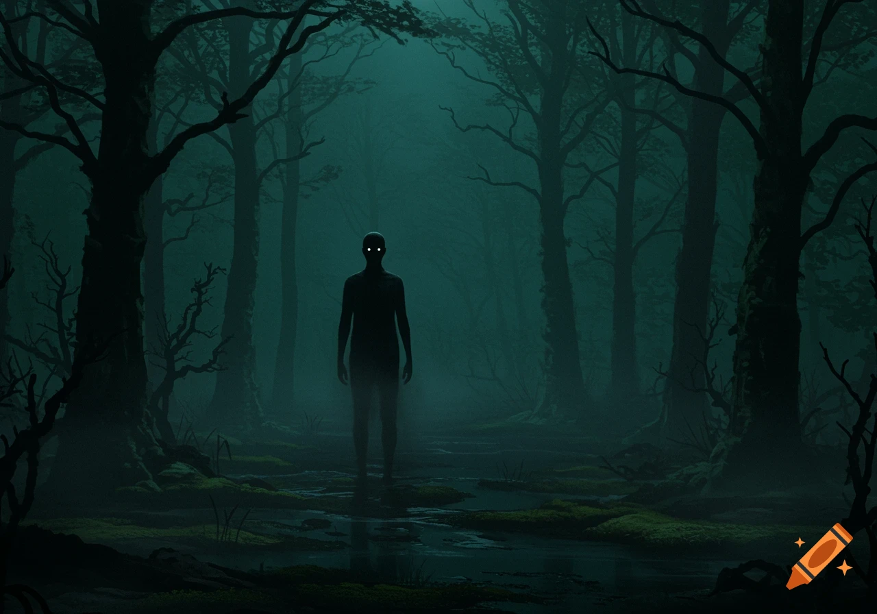 A dark silhouette of a humanoid figure with glowing eyes stands in a foggy, eerie forest. on Craiyon
