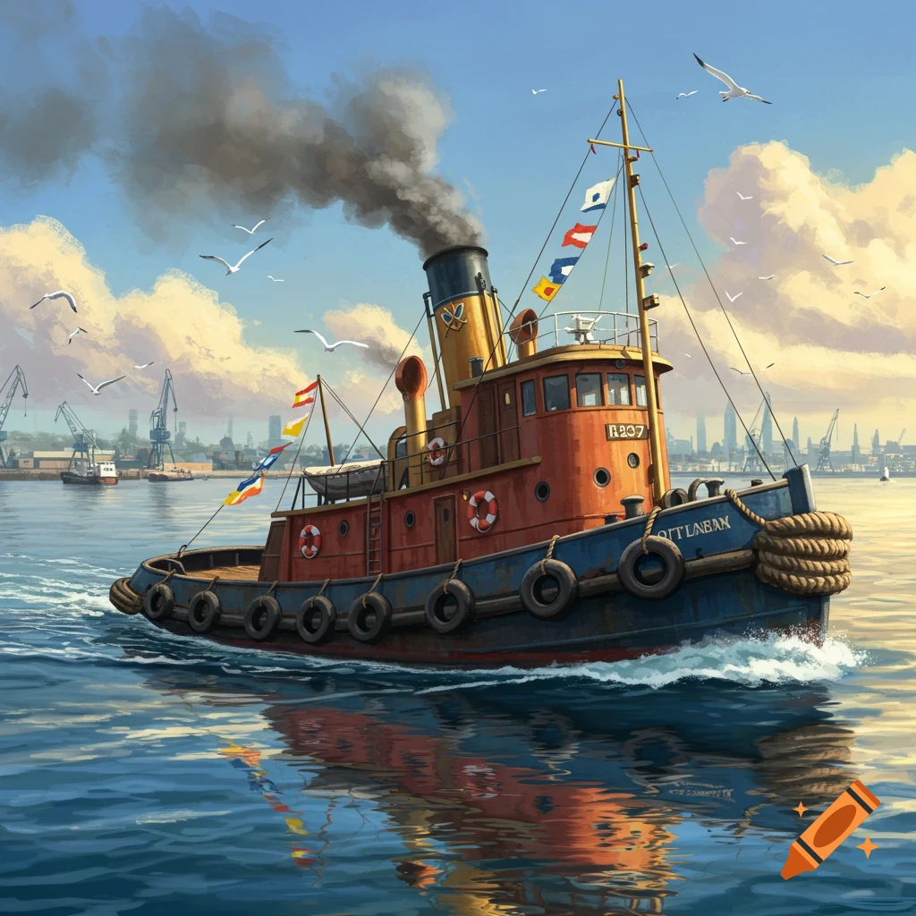 A vibrant illustration of a tugboat with a blue hull and red cabin ...